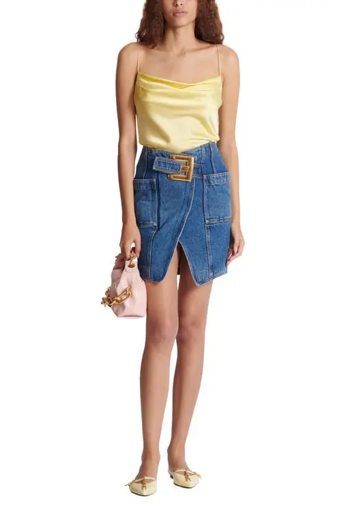 Balmain Denim Skirt With Anthem Buckle Belt - Blue