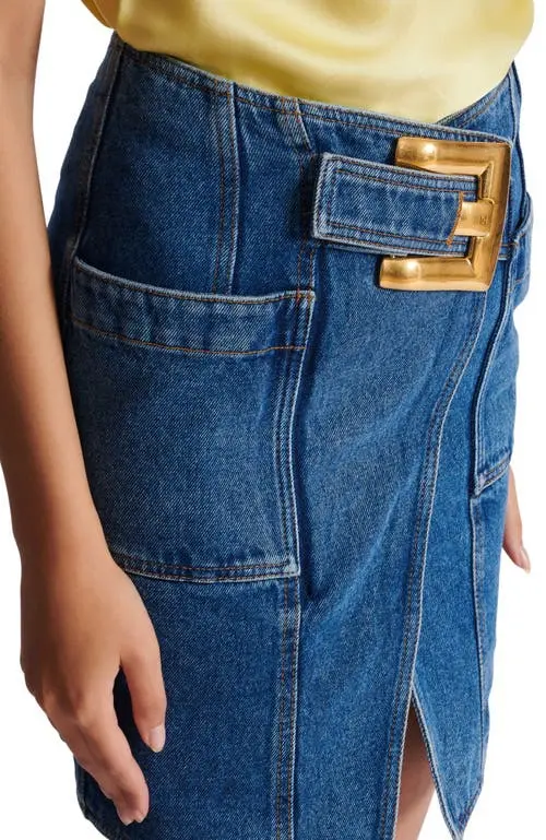 Balmain Denim Skirt With Anthem Buckle Belt - Blue
