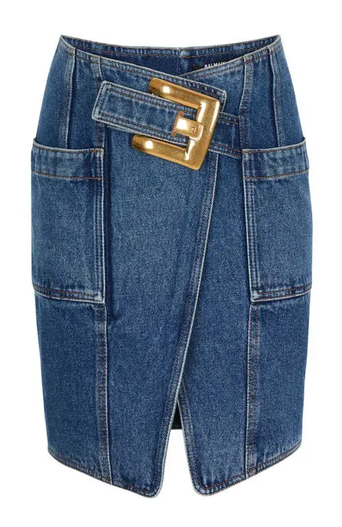 Balmain Denim Skirt With Anthem Buckle Belt - Blue