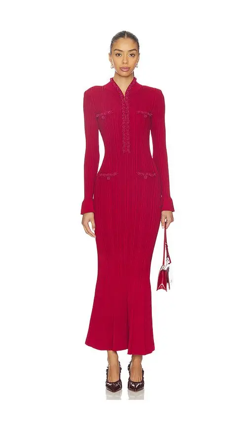 SELF-PORTRAIT Pearl Trim Knit Midi Dress