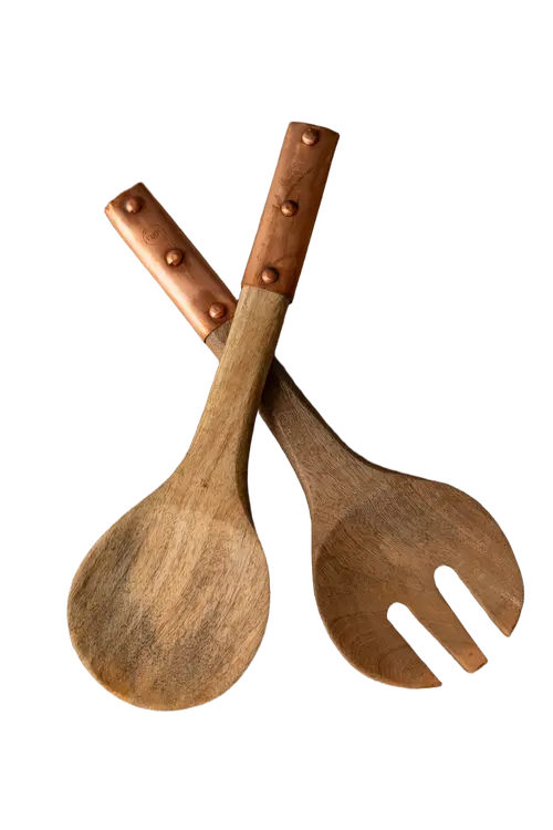 COPPERMILL KITCHEN Vintage Inspired Wood Serving Utensils With Copper Strap Handles - Brown