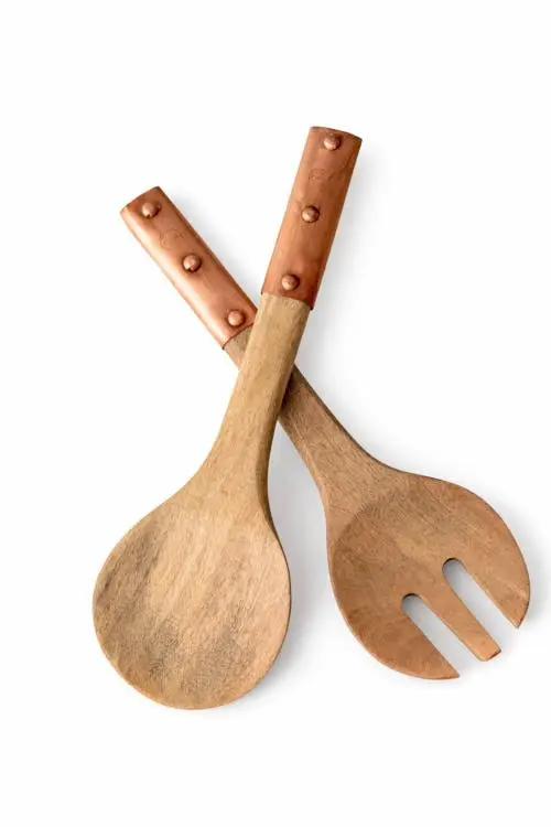 COPPERMILL KITCHEN Vintage Inspired Wood Serving Utensils With Copper Strap Handles - Brown