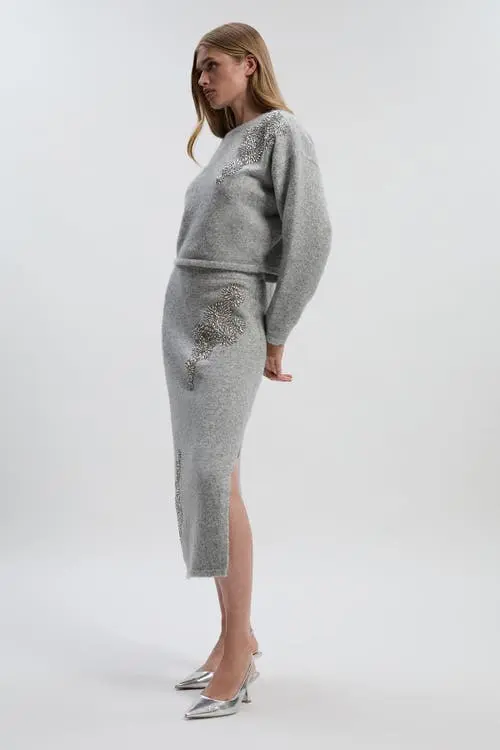 Karen Millen Embellished Wool Blend Pencil Midi Skirt - Grey
