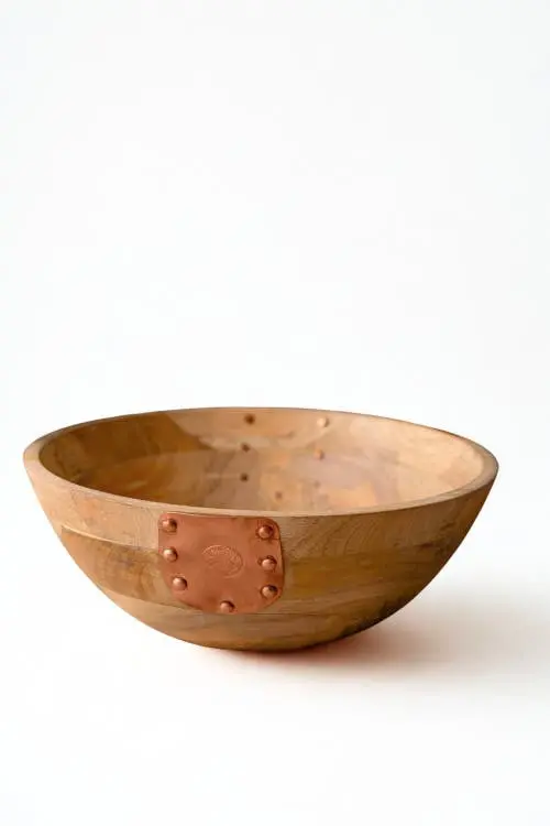 COPPERMILL KITCHEN Vintage Inspired Wooden Serving Bowl With Handmade Copper Details - Brown