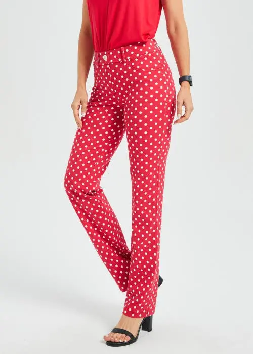 Betabrand 7-pocket Straight Leg Trousers - Red White Dot