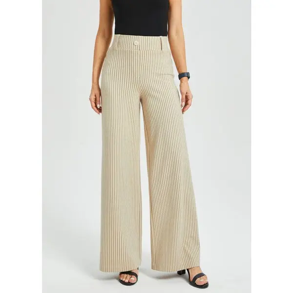 Betabrand High-waist Wide Leg Trousers - Ivory Black Pinstripe