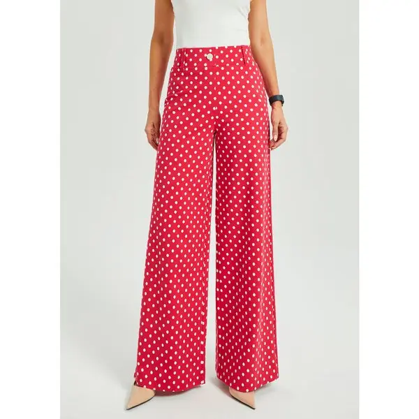 Betabrand High-waist Wide Leg Trousers - Red White Dot