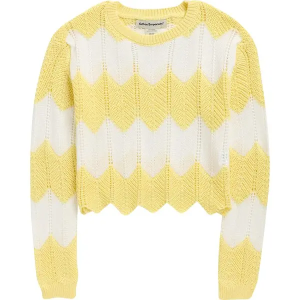 COTTON EMPORIUM Chevron Stripe Pointelle Knit Sweater - Yellow