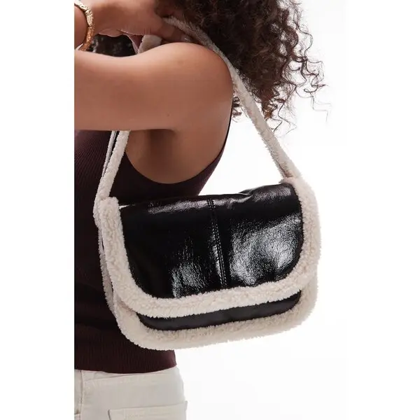 Topshop Faux Shearling Lined Faux Leather Shoulder Bag - Black