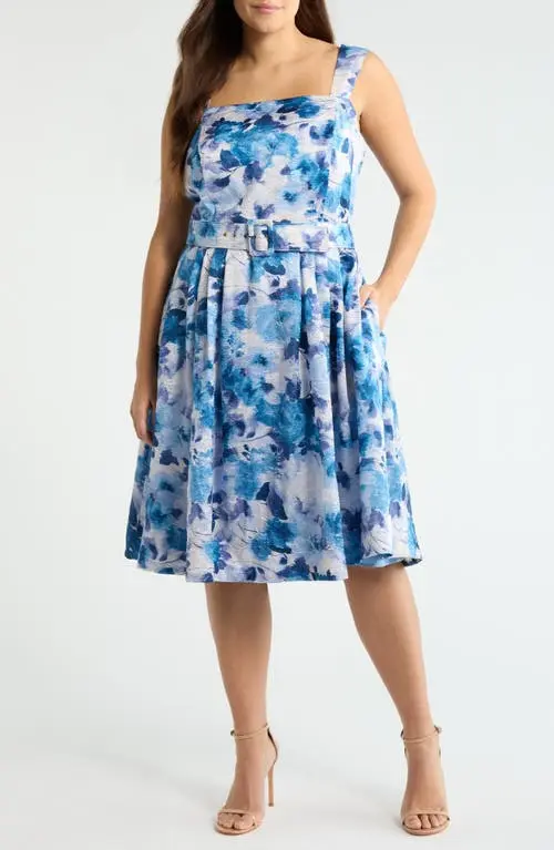 TAHARI ASL Floral Print Belted Sleeveless Dress