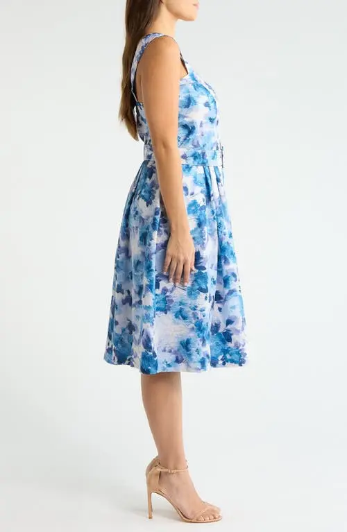 TAHARI ASL Floral Print Belted Sleeveless Dress