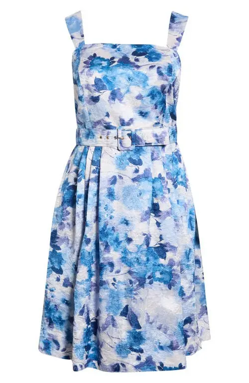 TAHARI ASL Floral Print Belted Sleeveless Dress
