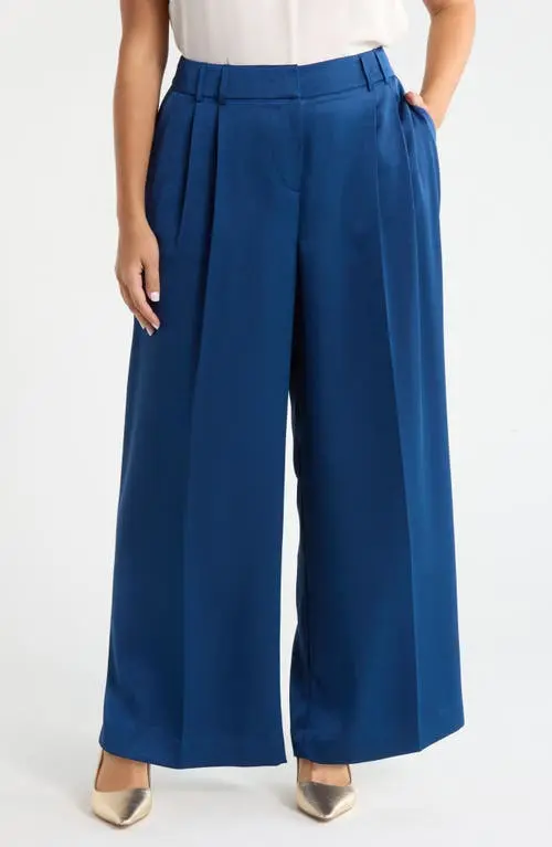 TAHARI ASL Pleated Satin Wide Leg Trousers - Deep River