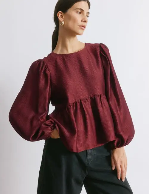 ALBARAY Crinkle Long Sleeve Satin Top