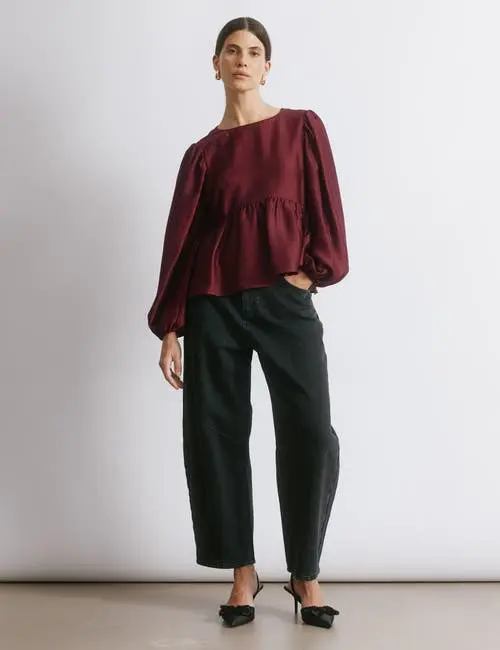 ALBARAY Crinkle Long Sleeve Satin Top