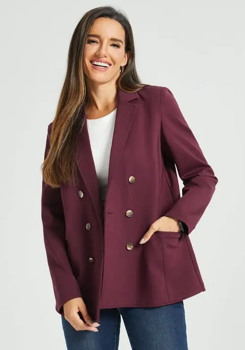 Betabrand Double-breasted Stretch Ponte Blazer - Burgundy