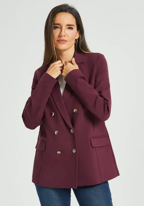 Betabrand Double-breasted Stretch Ponte Blazer - Burgundy