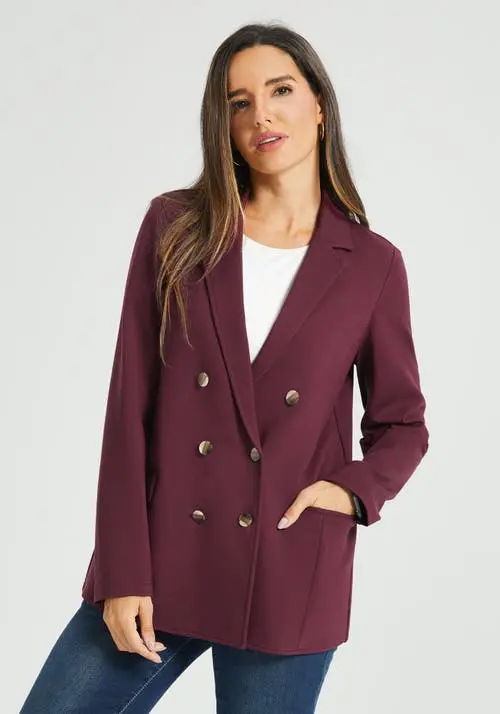 Betabrand Double-breasted Stretch Ponte Blazer - Burgundy