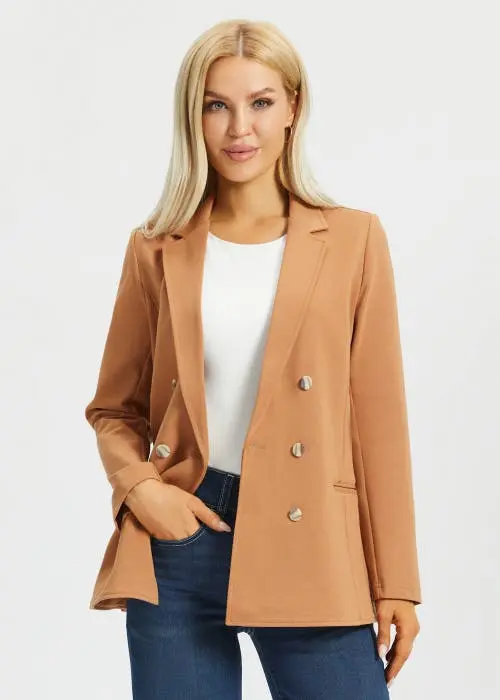 Betabrand Double-breasted Stretch Ponte Blazer - Sandalwood