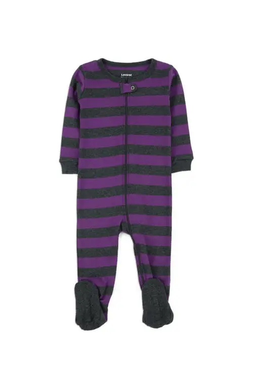 LEVERET Footed Striped Cotton Pajamas - Purple & Dark Gray