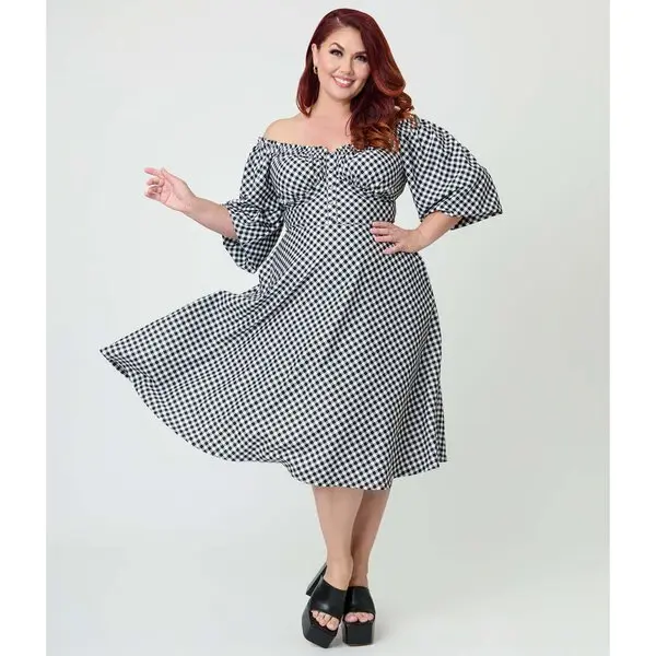 Unique Vintage Peasant Sleeve Swing Dress - Black & White Gingham