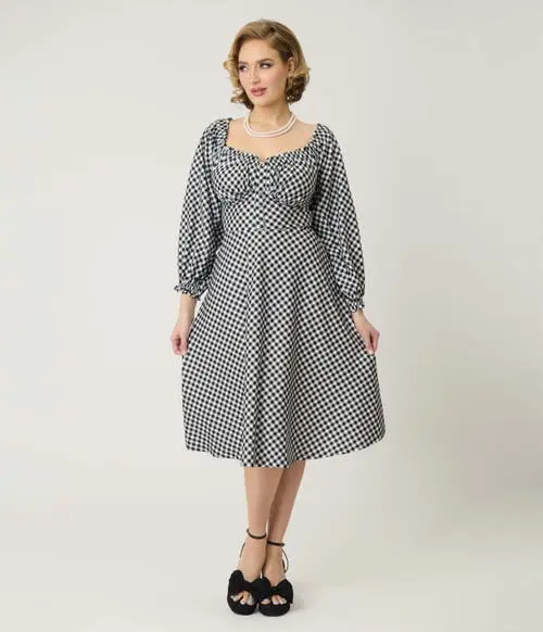 Unique Vintage Peasant Sleeve Swing Dress - Black & White Gingham