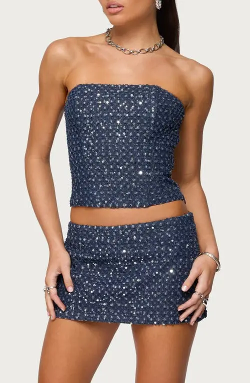 EDIKTED Strapless Sequin Denim Crop Top