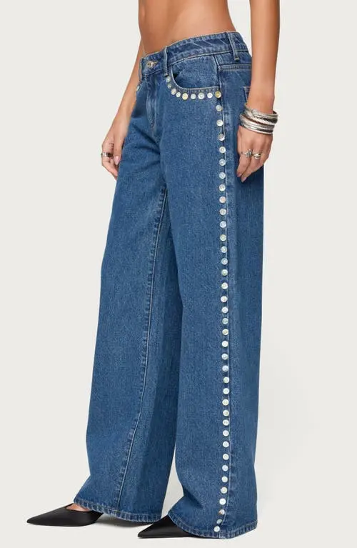 EDIKTED Iridescent Button Wide Leg Jeans - Blue-washed