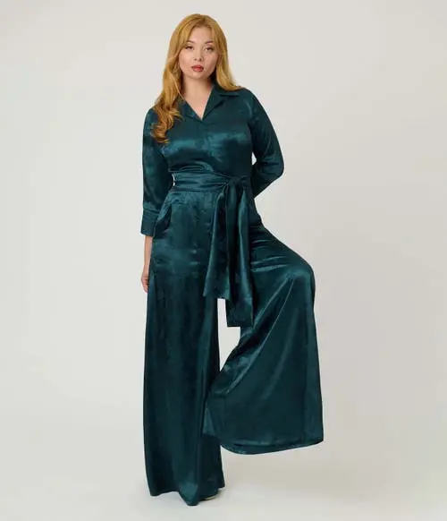 Unique Vintage 1970s Satin Flare Jumpsuit - Teal Jacquard