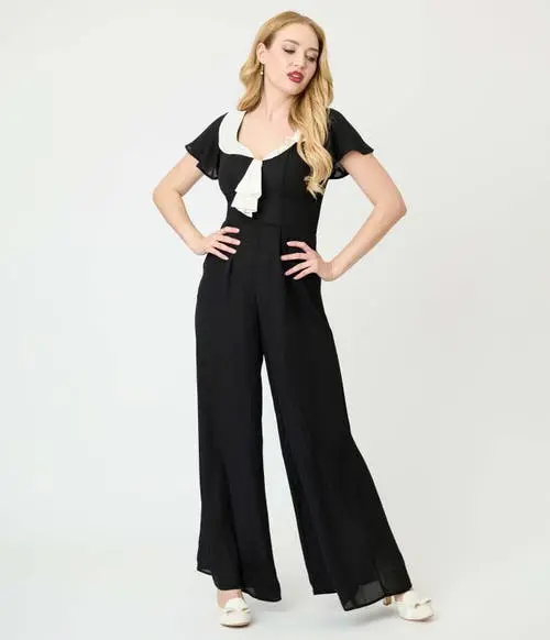 Unique Vintage Wide Leg Jumpsuit - Black & White Accent