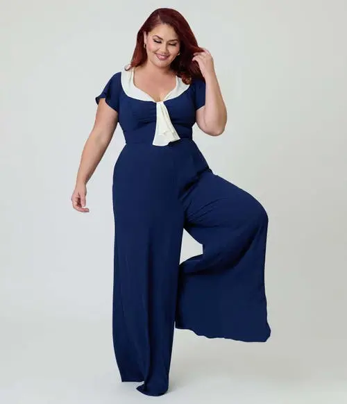Unique Vintage Wide Leg Jumpsuit - Navy Blue
