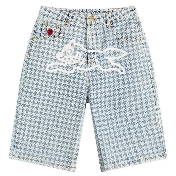 ICECREAM Houndstooth Running Dog Denim Shorts - Light Wash Blue