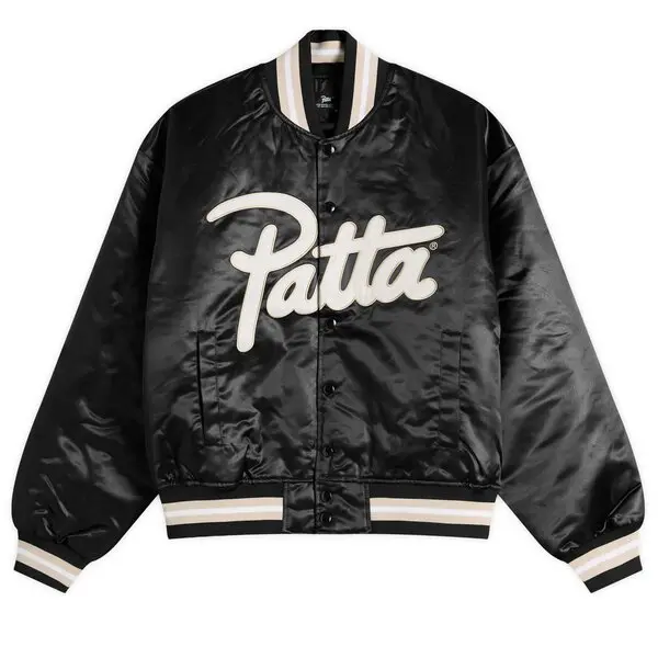 PATTA Script Logo Satin Varsity Jacket - Black