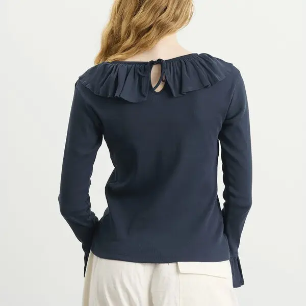 BEAMS Rib Knitted Ruffle Gathered Long Sleeve T-shirt