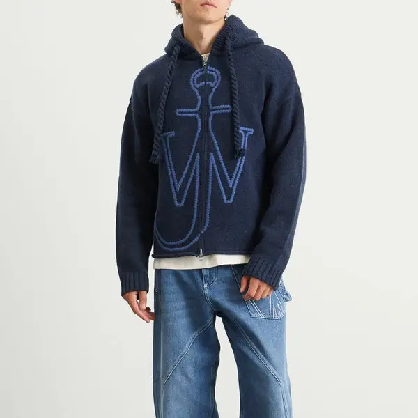 JW Anderson Anchor Embroidery Zipped Hoodie - Steel Blue