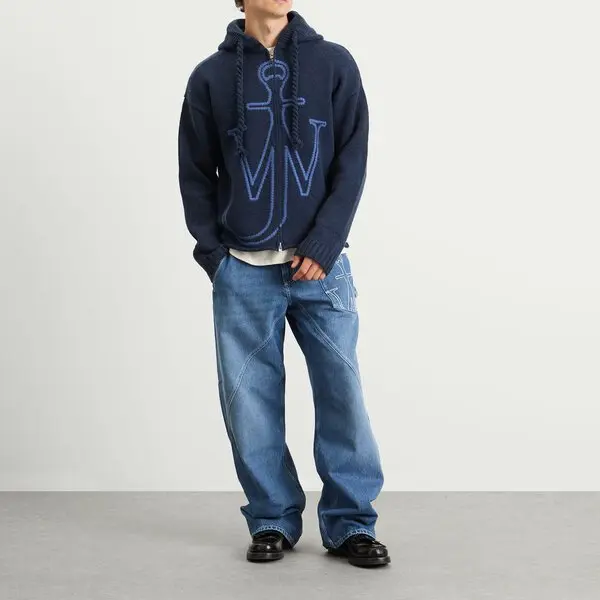 JW Anderson Anchor Embroidery Zipped Hoodie - Steel Blue