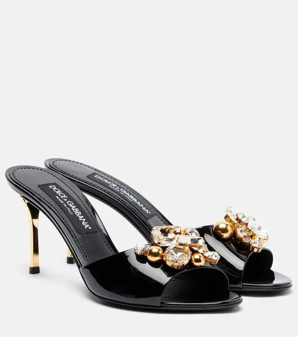 Dolce & Gabbana Embellished Patent Leather Mules - Black