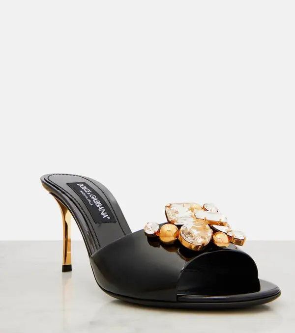 Dolce & Gabbana Embellished Patent Leather Mules - Black
