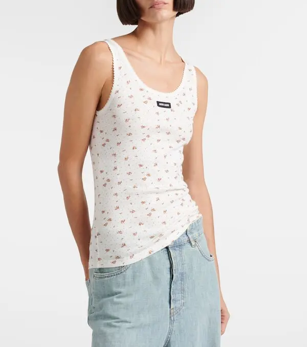 Miu Miu Floral Cotton Jersey Tank Top - White