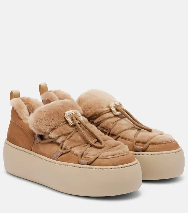 ROGER VIVIER Viv' Up Embellished Shearling And Suede Sneakers - Beige