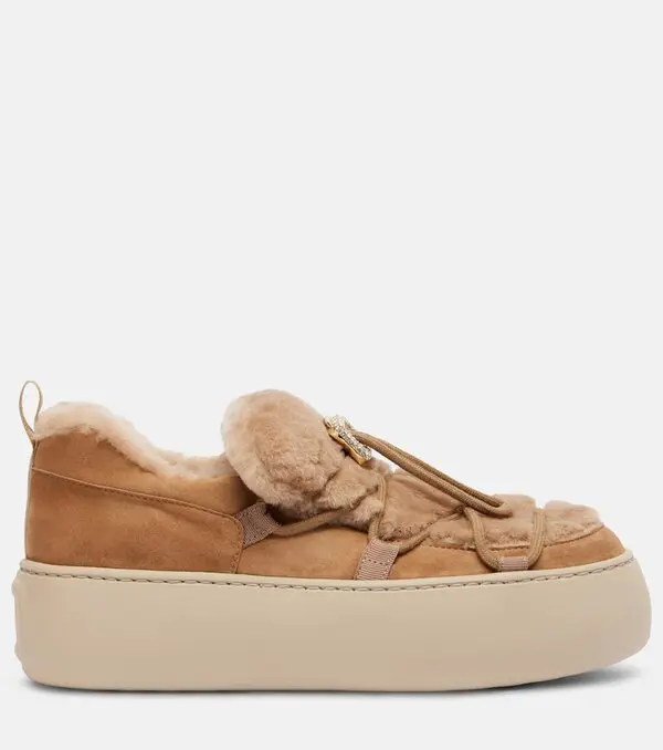 ROGER VIVIER Viv' Up Embellished Shearling And Suede Sneakers