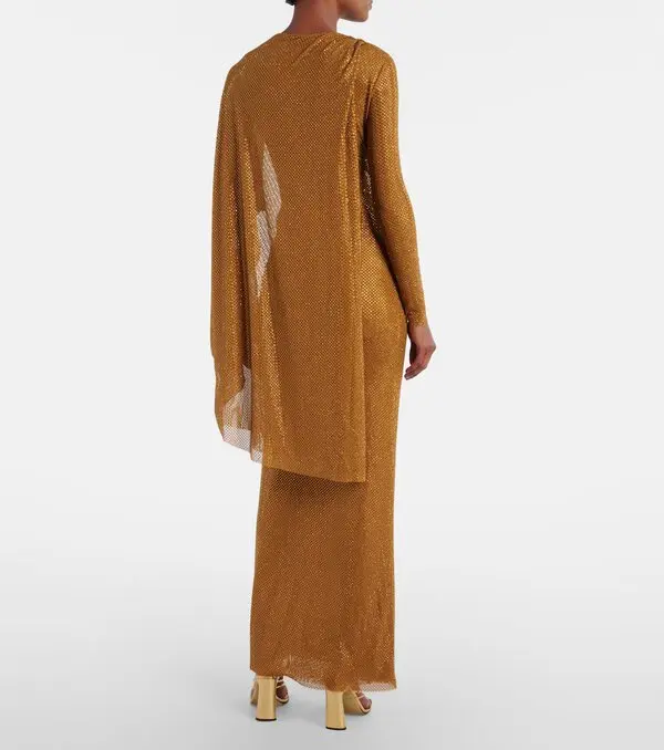 SELF-PORTRAIT Draped Embellished Mesh Gown - Gold
