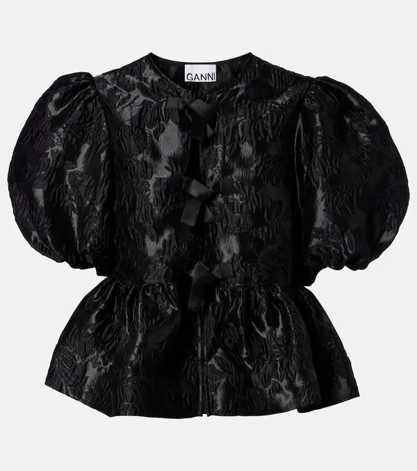 GANNI Bow-detail Floral Peplum Satin Blouse - Black