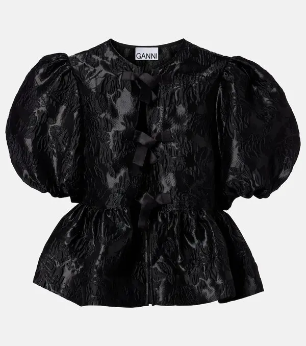 GANNI Bow-detail Floral Peplum Satin Blouse - Black