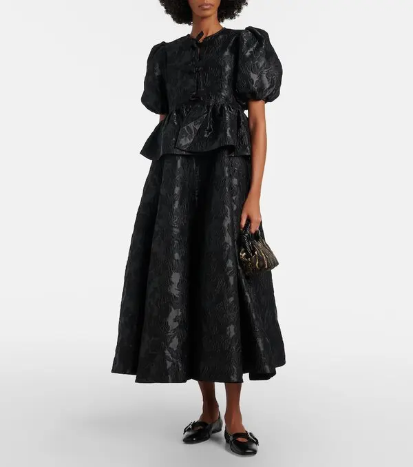 GANNI Floral Jacquard Peplum Blouse With Bow Detail - Black