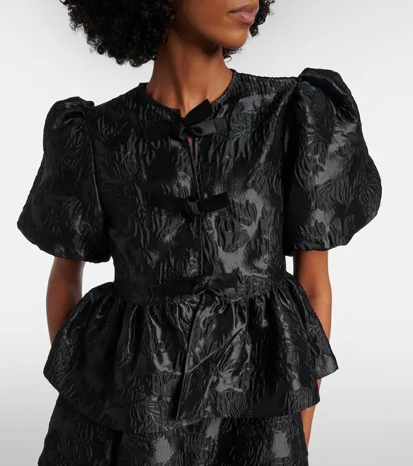 GANNI Floral Jacquard Peplum Blouse With Bow Detail - Black