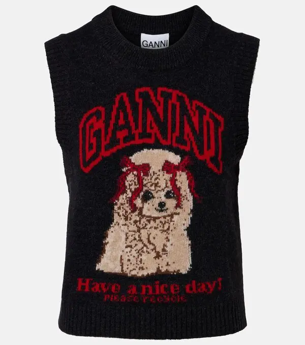 GANNI Printed Wool-blend Vest - Black