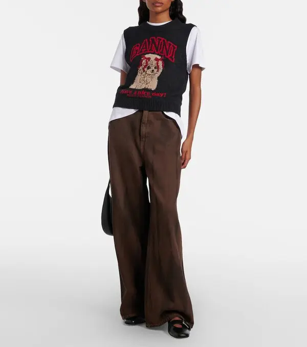 GANNI Printed Wool-blend Vest - Black