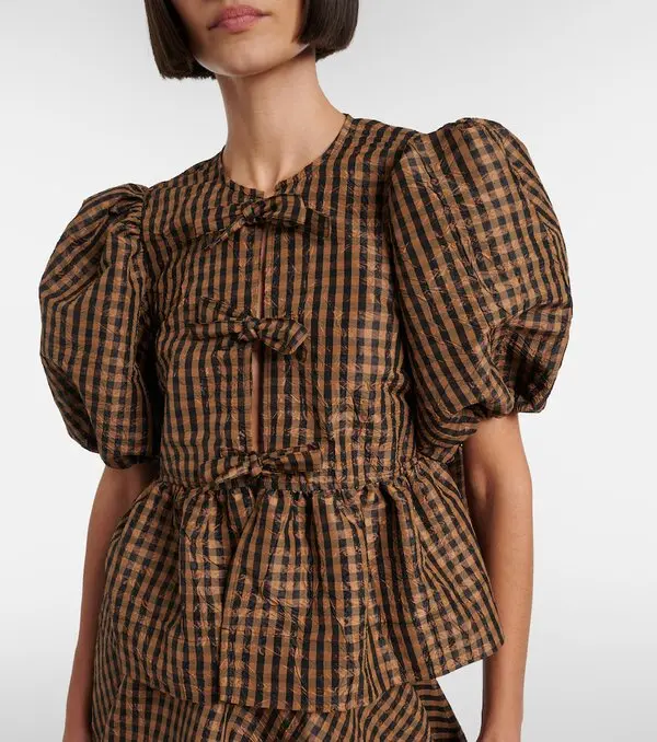 GANNI Bow-detail Checked Peplum Blouse