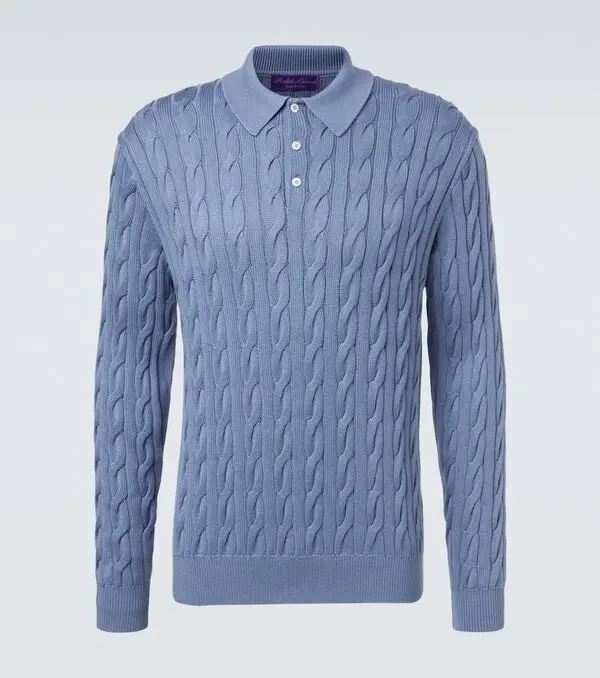 Ralph Lauren Purple Label Cable-knit Cotton And Silk Polo Sweater - Blue